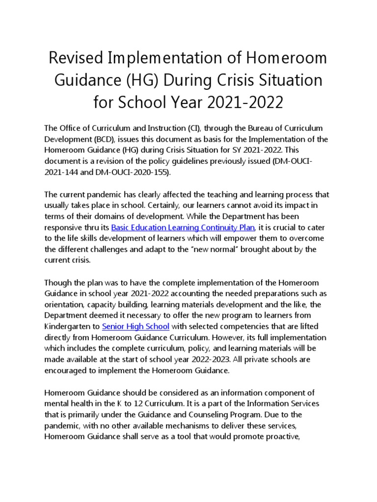 Revised Implementation of Homeroom Guidance | PDF | Schema (Psychology) | Learning