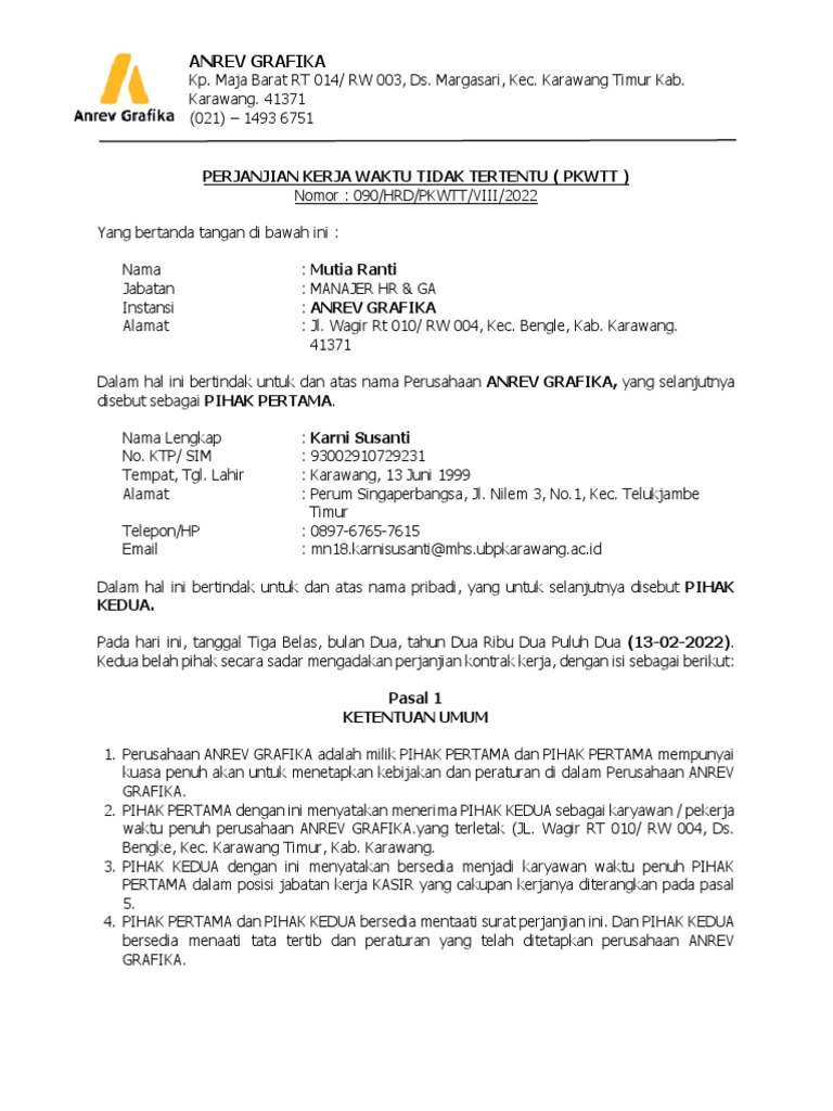 Contoh Port 11 Surat PKWTT Sertifikasi CHRO | PDF