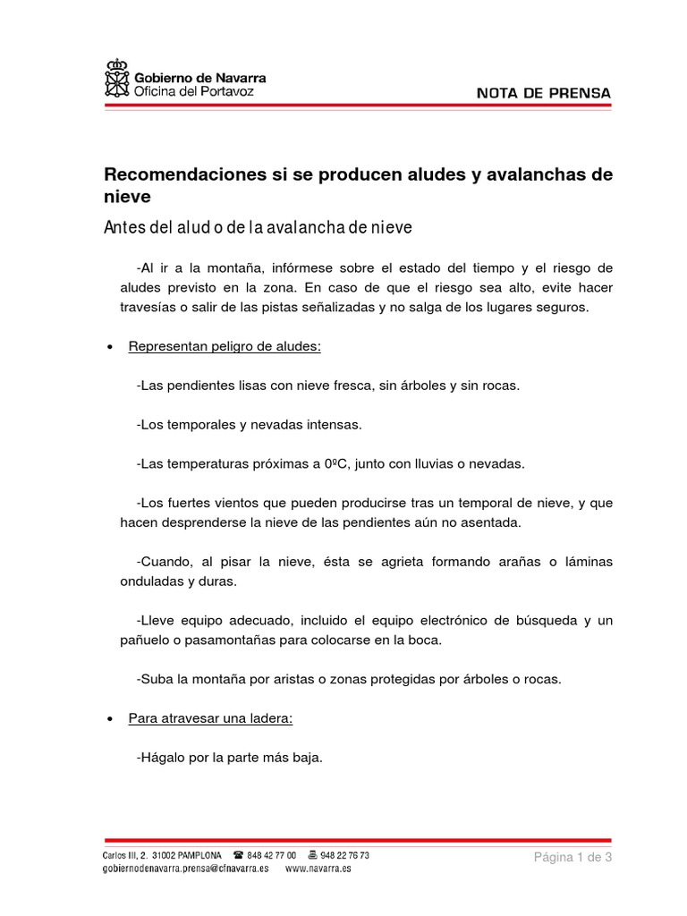 Recomendaciones Si Se Producen Aludes y Avalanchas de Nieve: Antes Del ...