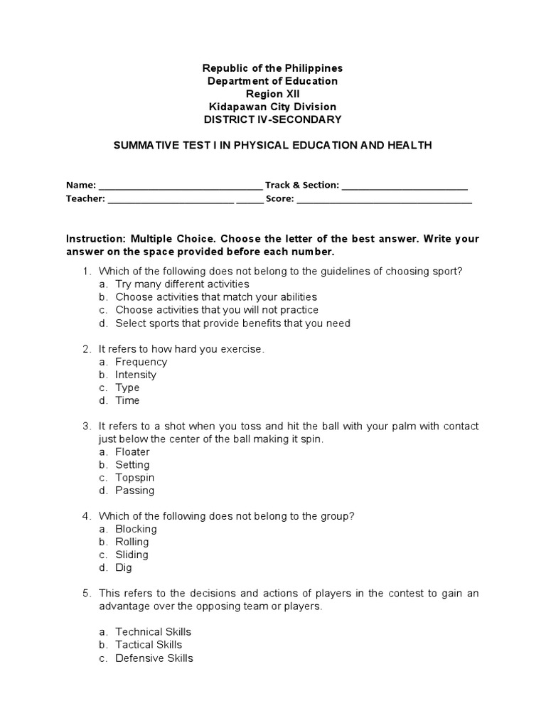 P.E Summative Test | PDF | Foods | Physical Fitness