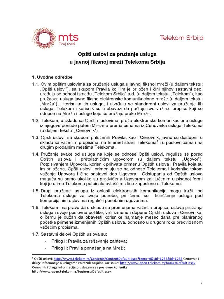Opsti-uslovi-za-pruzanje-usluga-u-javnoj-fiksnoj-mrezi-Telekoma-Srbija Lat | PDF