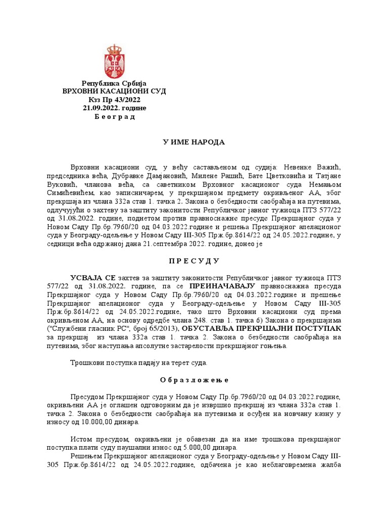 KZZ PR 43-22 264 Stav 2 Tacka 3 Zak. o Prekršajima - Blagovremenost ...