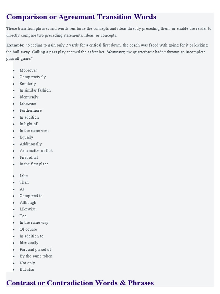 Comparison or Agreement Transition Words | PDF | Cognition | Cognitive ...