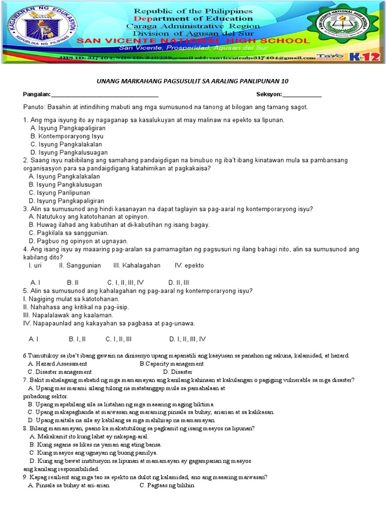 Unang Markahan Sa Araling Panlipunan 10 | PDF