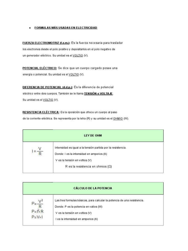 Formulas eléctricas más usadas | PDF | Corriente eléctrica ...