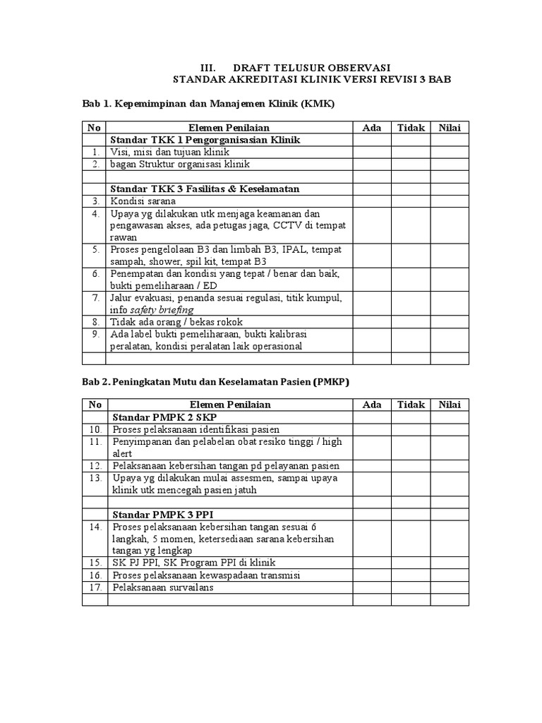 III. Draft Telusur Observasi Standar Akreditasi Klinik Versi Revisi 3 Bab | PDF