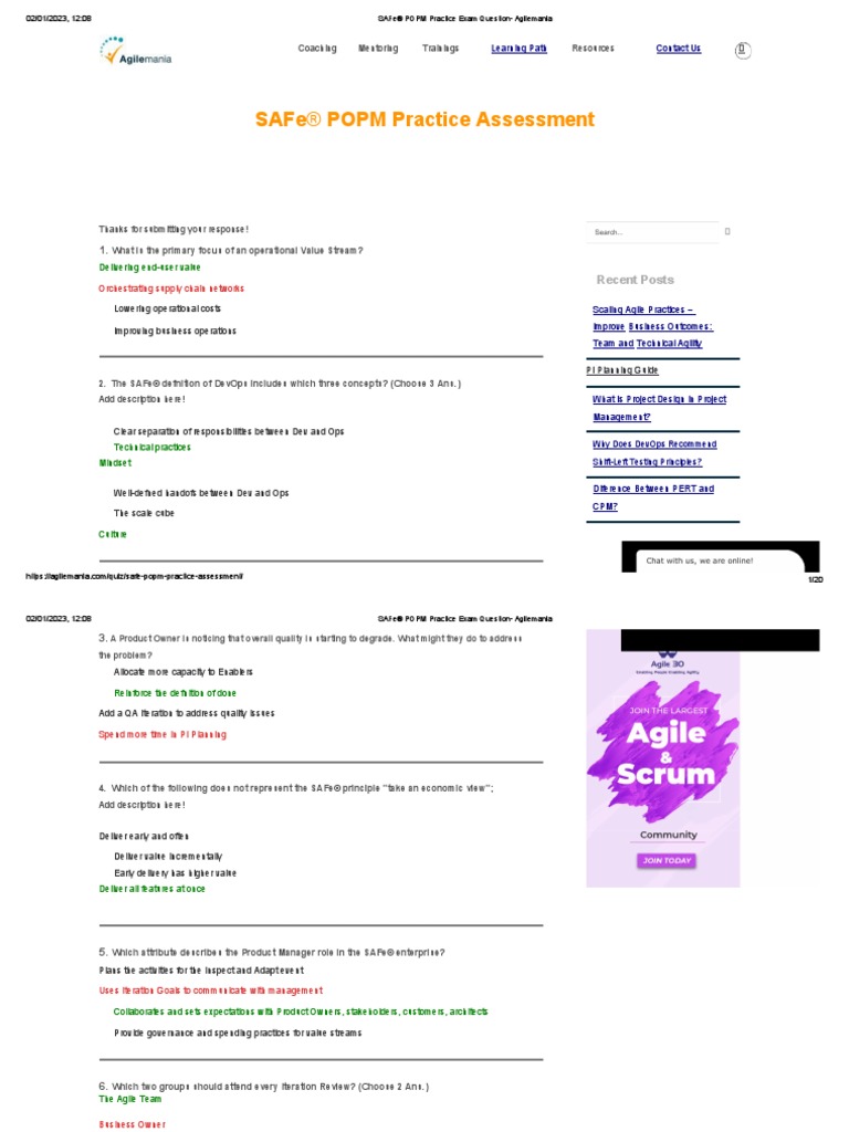 SAFe® POPM Practice Exam Question - Agilemania | PDF | Scrum (Software Development) | Agile ...