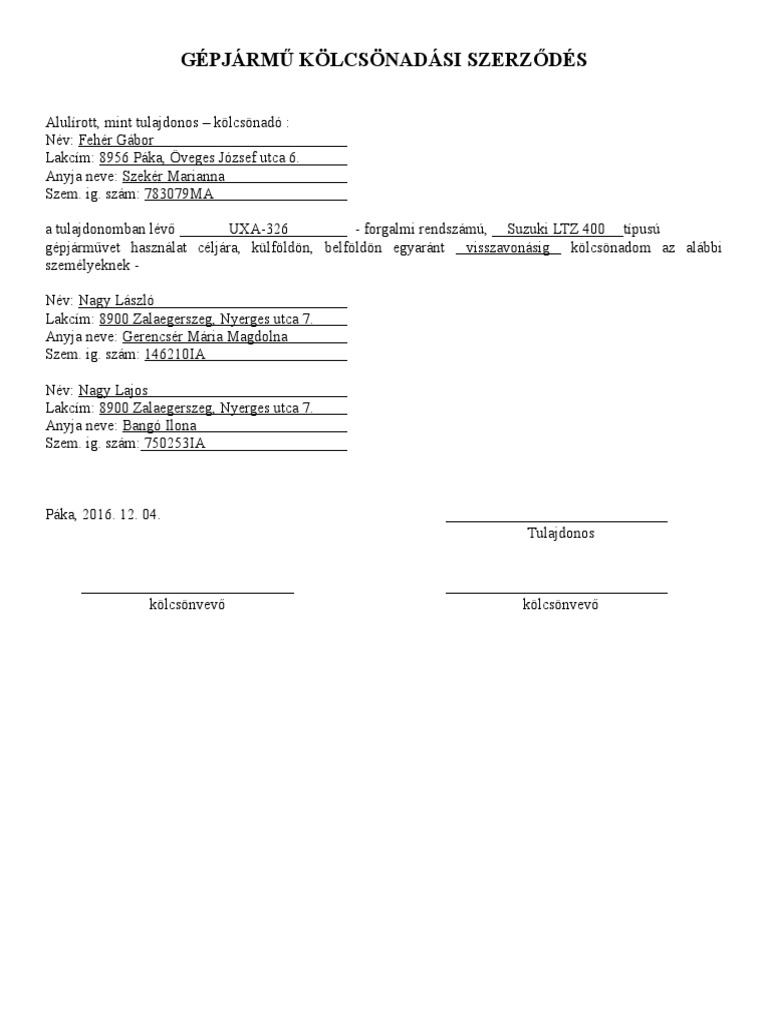 Gepjarmu Kolcsonadasi Szerzodes Nyomtatvany | PDF