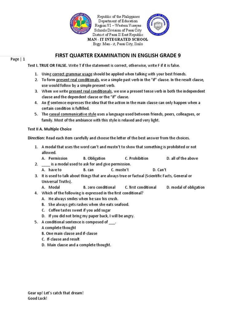 First Quarter Examination in English Grade 9 | PDF | English Language ...