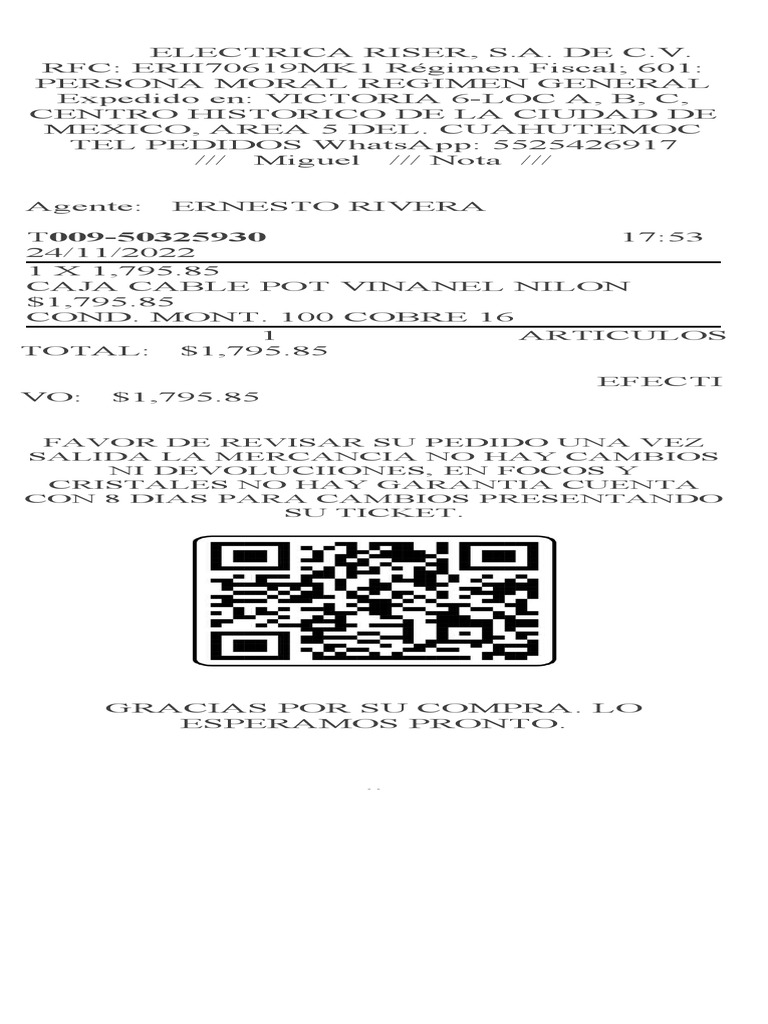 Detalles de una venta de cableado eléctrico y condiciones de venta de la empresa Electrica Riser ...
