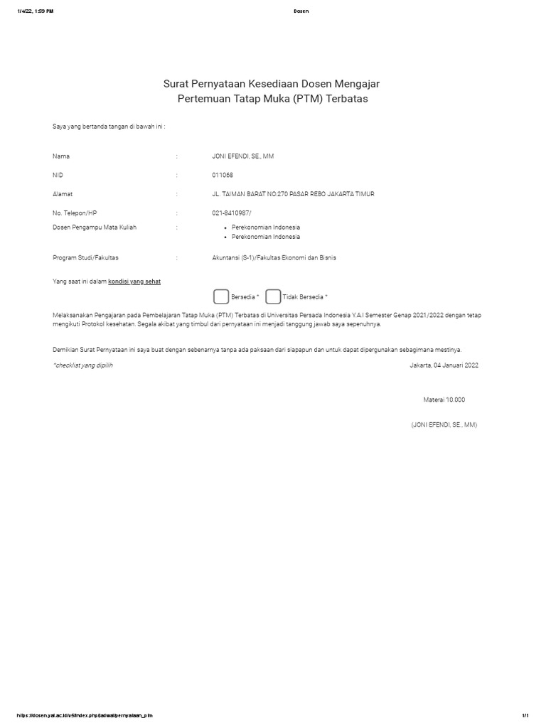 Surat Pernyataan PTM | PDF