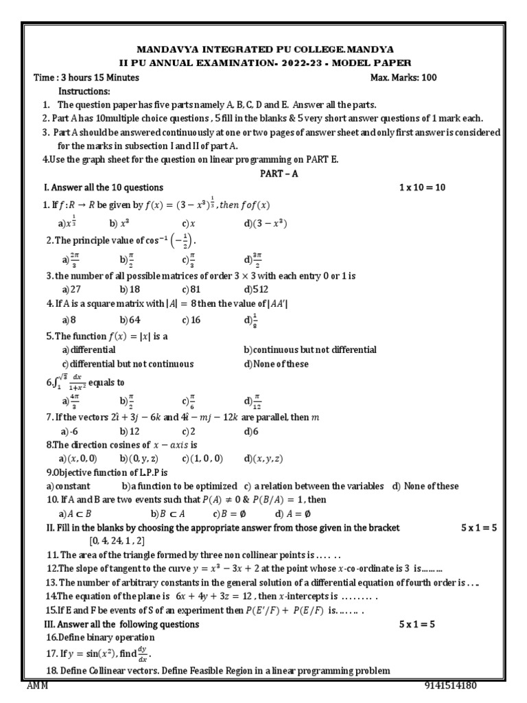 Mandavya Integrated Pu College | PDF | Equations | Matrix (Mathematics)