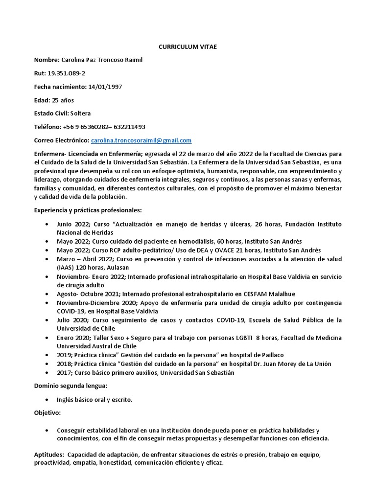 Curriculum Vitae Carolina Troncoso Raimil PDF | PDF | Enfermería | Hospital