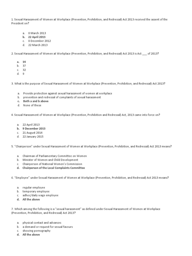 Woman Posh Act - MCQ | PDF | Sexual Harassment | Employment