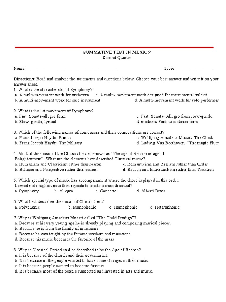 Summative Music 9 2ND Quarter | PDF | Classical Period (Music ...