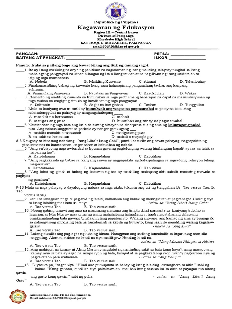 Filipino 9-1st Periodical Test - 2022-2023 | PDF