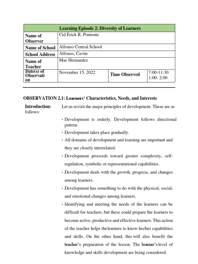 Learning Episode 2 Diversity of Learners PONIENTE | PDF | Learning | Teachers