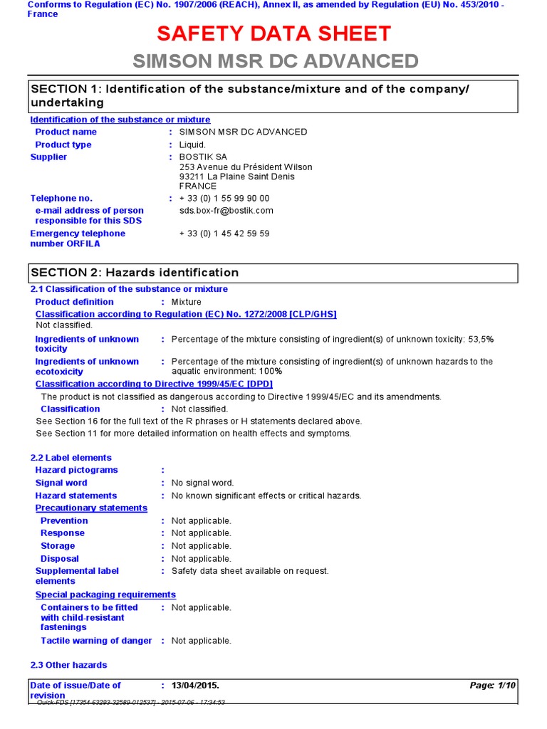 Bostik Simson MSR Decking Caulk Safety Data Sheet | PDF | Toxicity ...