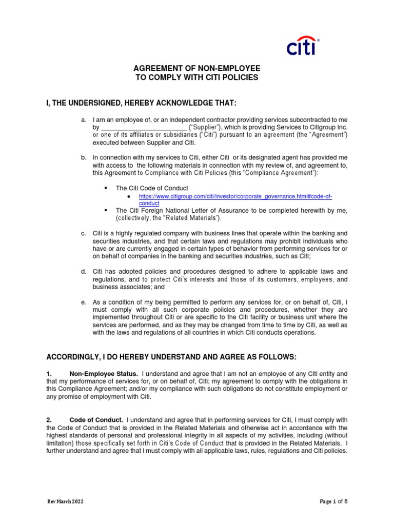 Agreement of Compliance with Citi Policy | PDF | Citigroup | Theft