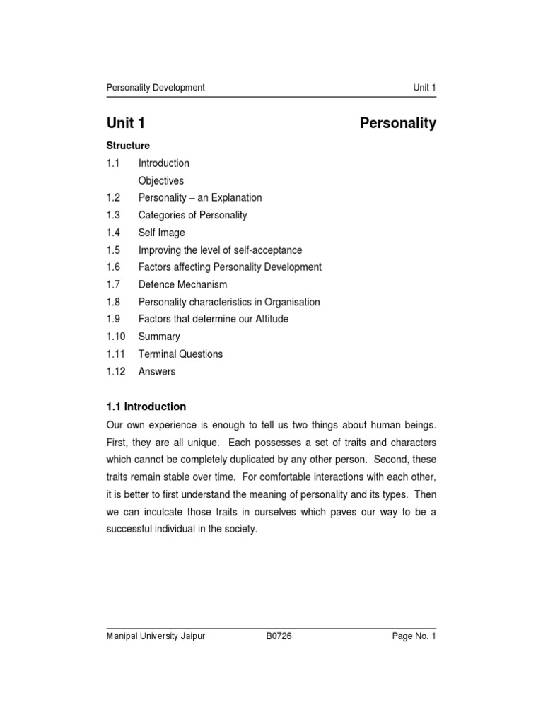 Unit 01 - Personality | Download Free PDF | Extraversion And Introversion | Cognitive Science