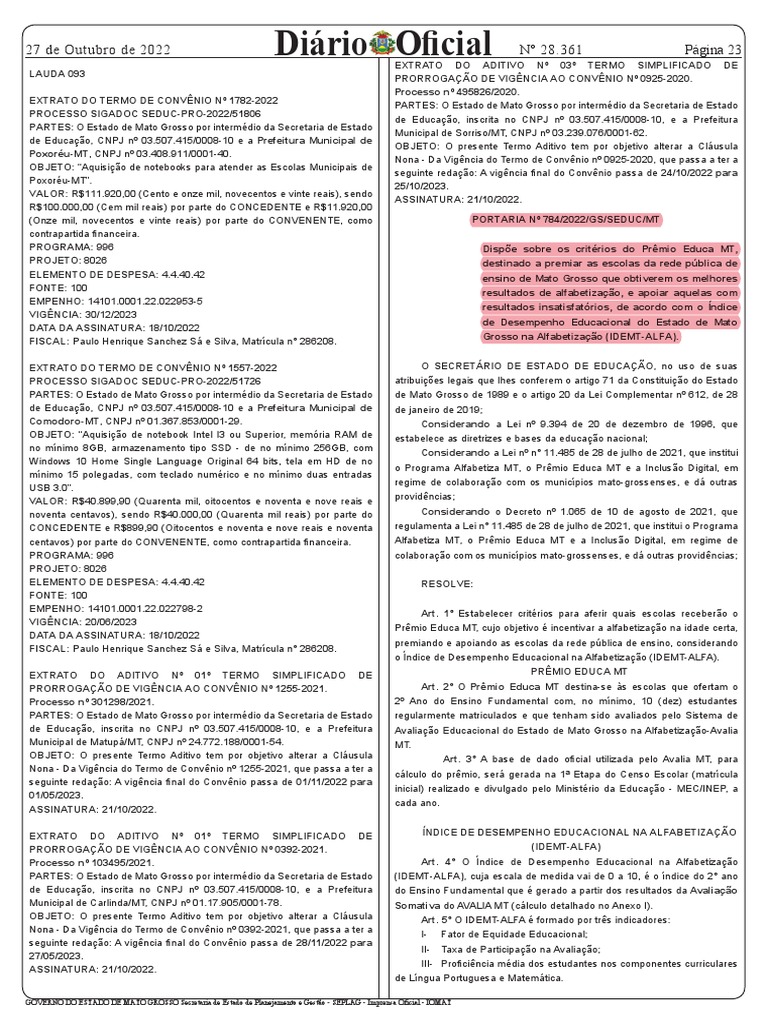 Portaria N. 784 2022 GS Seduc MT - Dispõe Sobre Os Critérios Do Prêmio ...