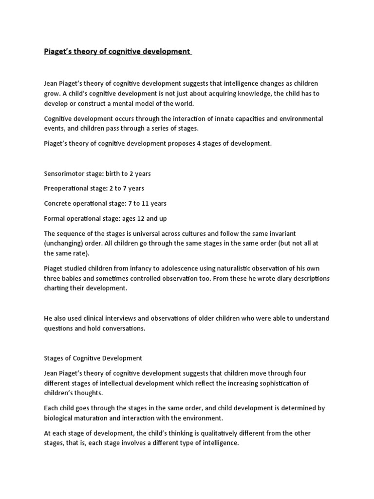 Piagets Theory | PDF | Cognitive Development | Thought