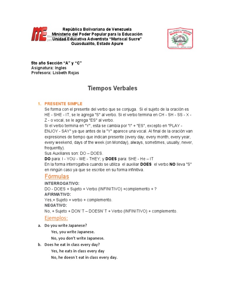 Guia de Tiempos Verbales 5to Año | PDF | Estudios de idiomas ...