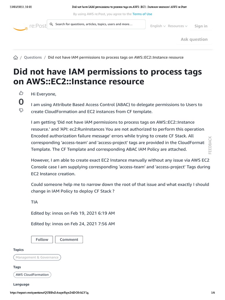 Did Not Have IAM Permissions To Process Tags On AWS - EC2 - Instance ...