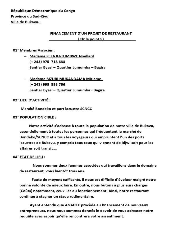 Financement projet restaurant Bukavu | PDF