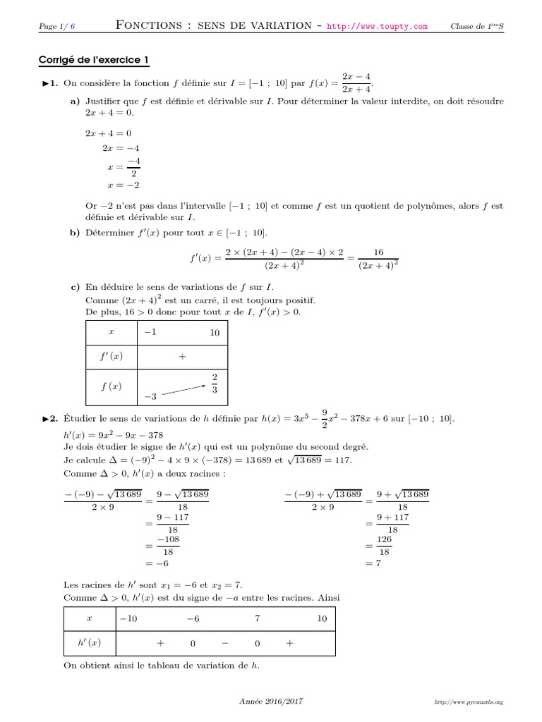 Sens de Variation Fonction 1 Corrige | PDF | Zéro d'une fonction | Division
