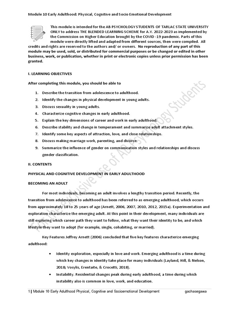 Module 10 Early ADULTHOOD Physical, Cognitive and Socio Emotional ...