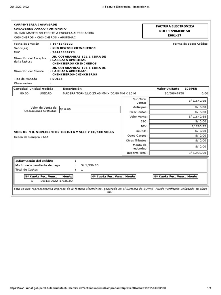 Factura Electronica - E001-57 | PDF | Dinero | Pagos