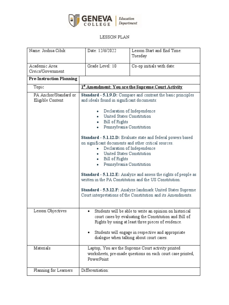 You Are The Supreme Court Activity Lesson Plan | PDF | Supreme Court Of ...