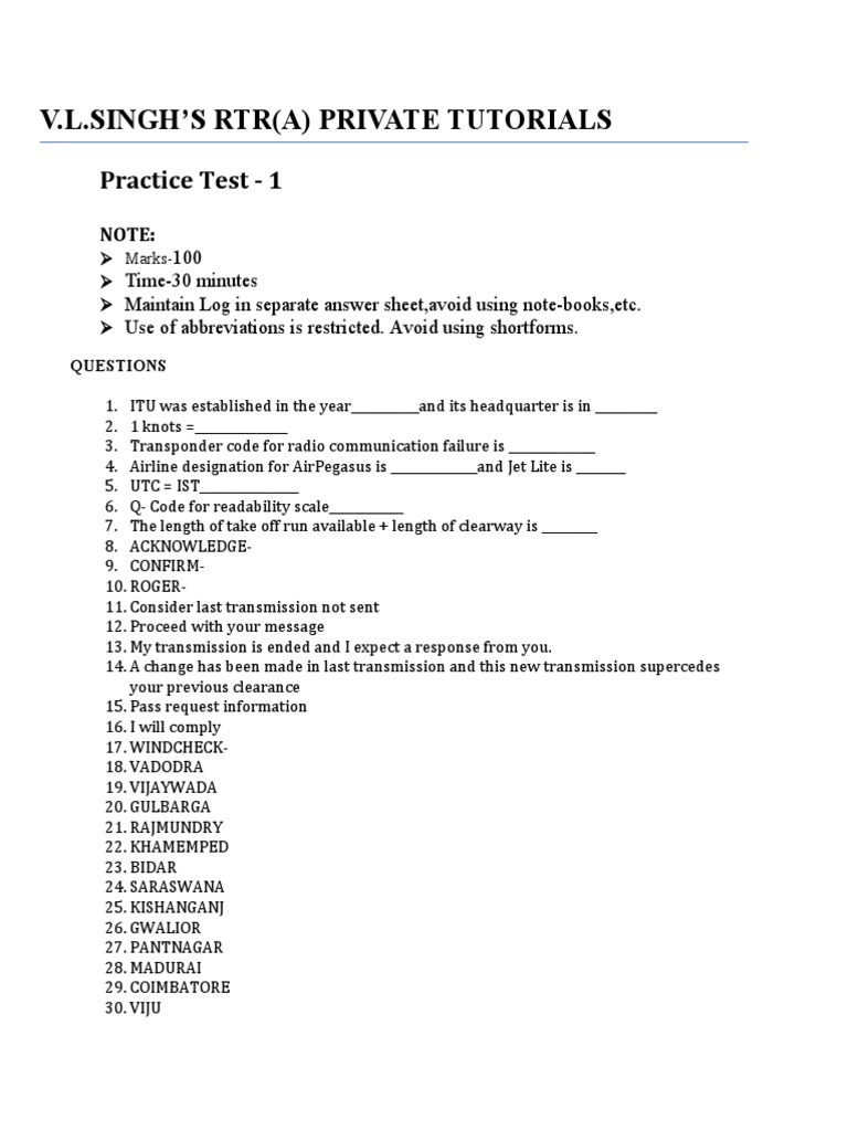 V.L.Singh'S RTR (A) Private Tutorials: Practice Test - 1 | PDF ...