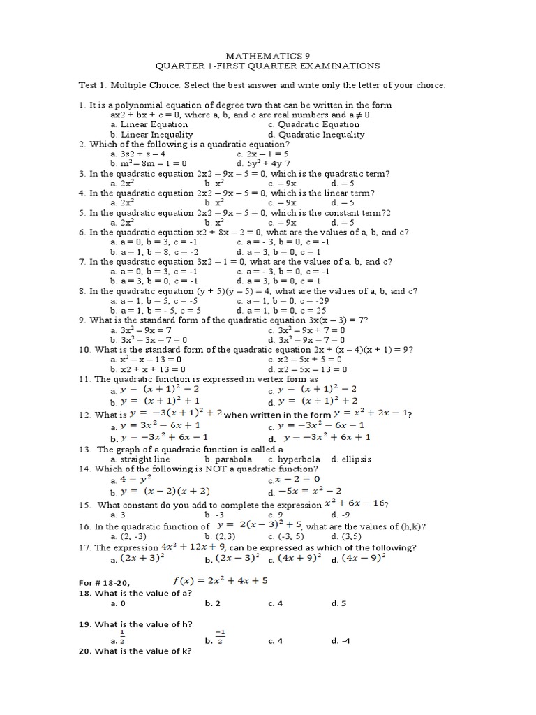 Mathematics 9 First Quarter Exam | PDF | Quadratic Equation | Equations