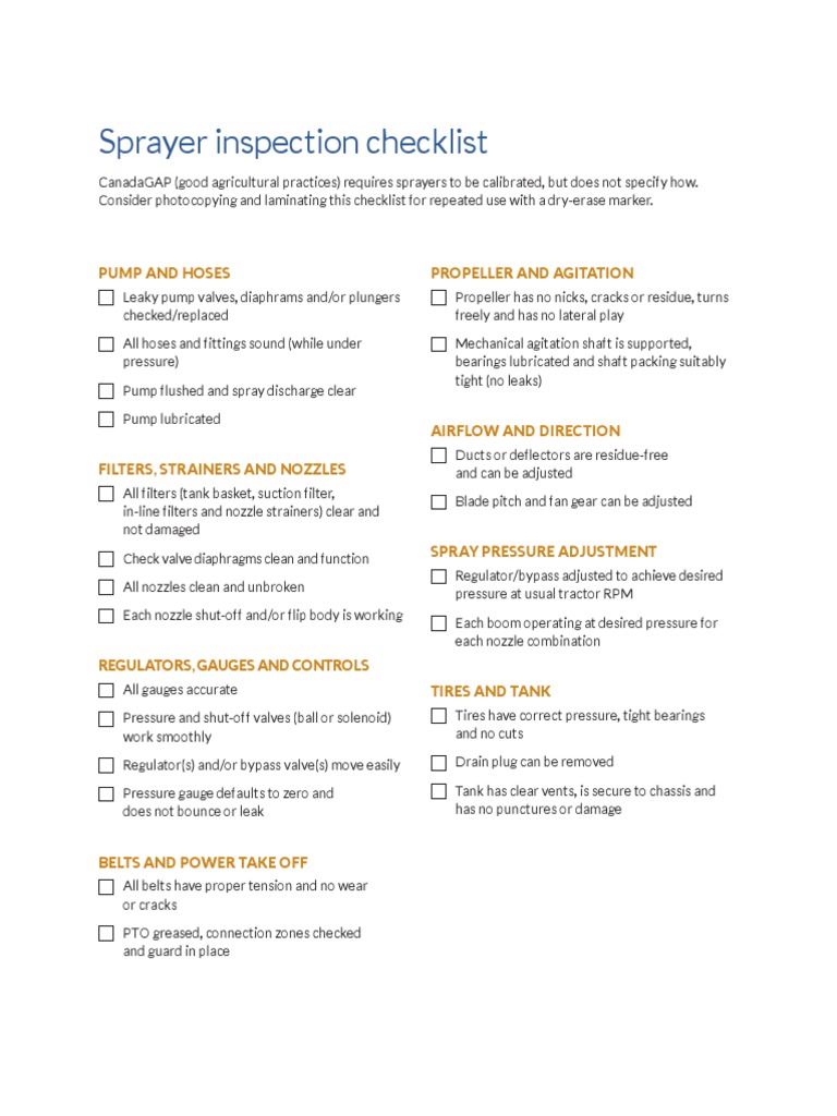 Sprayer Inspection Checklist | PDF | Pump | Valve