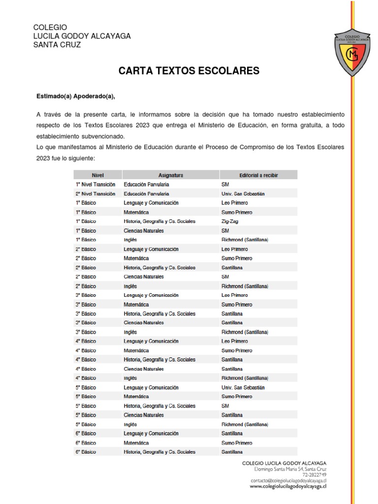 Carta a Apoderados sobre Textos 2023 | PDF