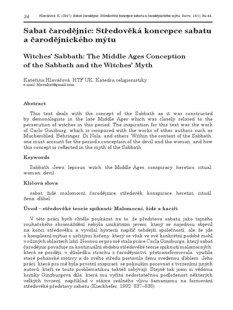 Sabat Čarodějnic: Středověká Koncepce Sabatu A Čarodějnického Mýtu | PDF