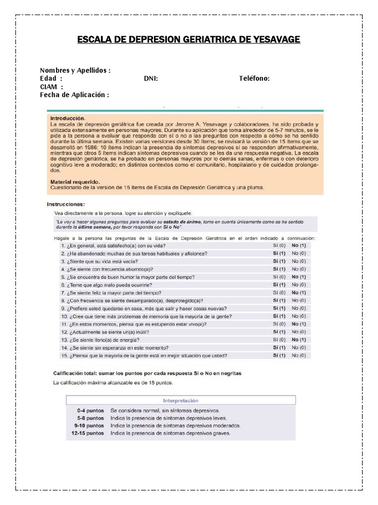 Escala de Depresión Geriátrica Yesavage | PDF