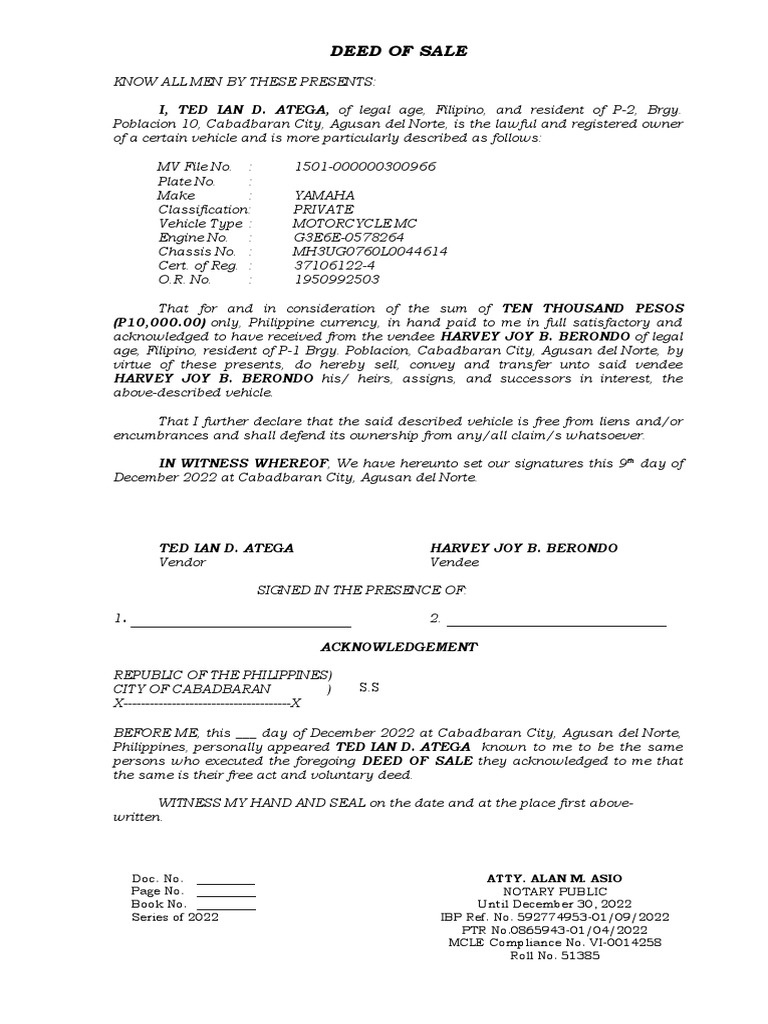 Deed of Sale Motor - Ted Ian Atega - 122447 | PDF | Law And Economics ...