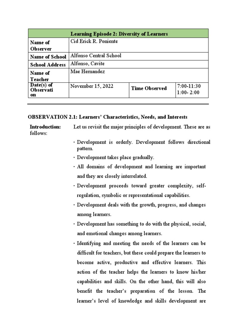 Learning Episode 2 Diversity of Learners | PDF | Learning | Teachers