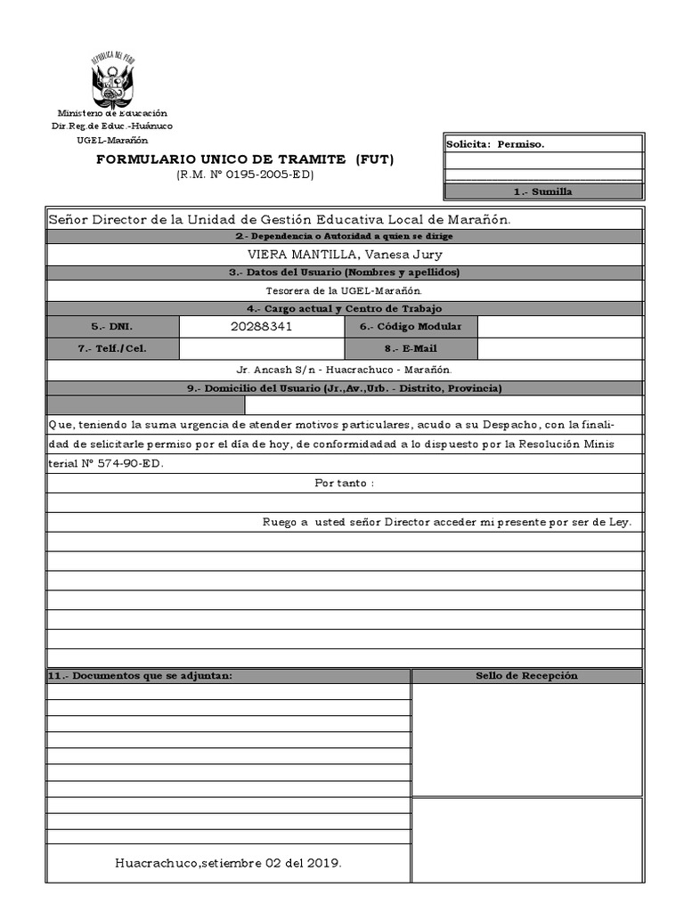 Formulario Unico de Tramite (Fut) : Señor Director de La Unidad de Gestión Educativa Local de ...