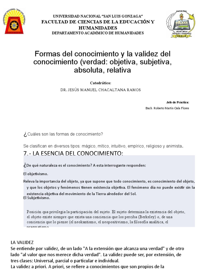 Formas Del Conocimiento y La Validez Del Conocimiento (Verdad: Objetiva, Subjetiva, Absoluta ...