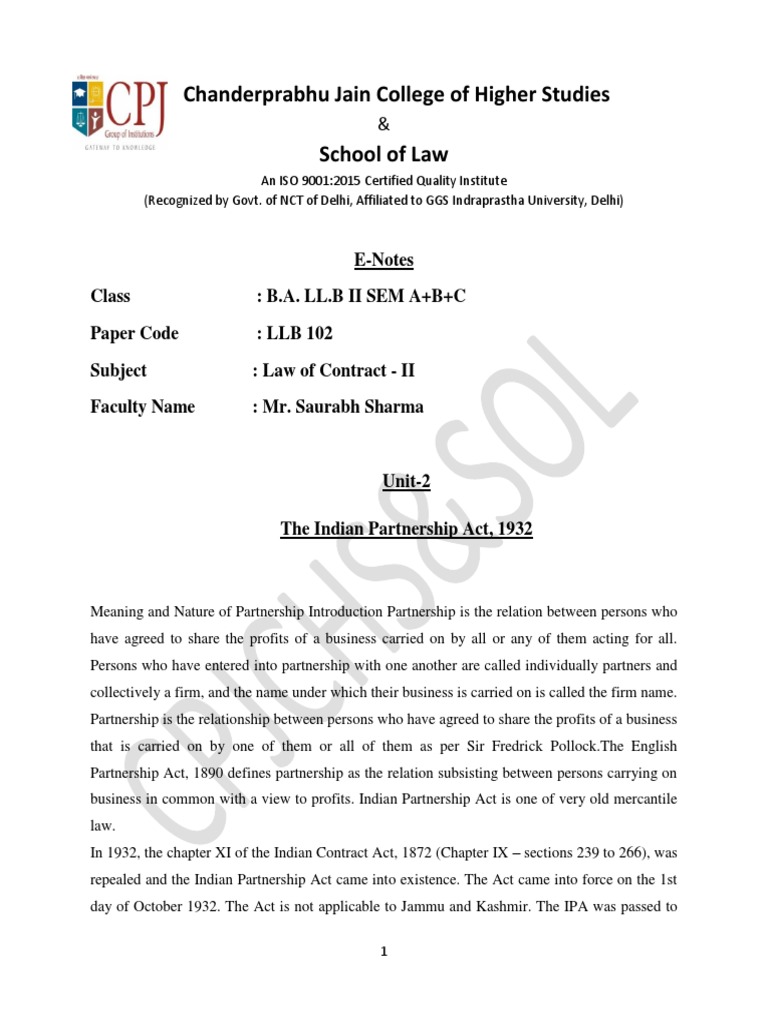 Unit 2 Law of Contract-II E-Notes - LLB 102 - BALLB II Sem | PDF ...