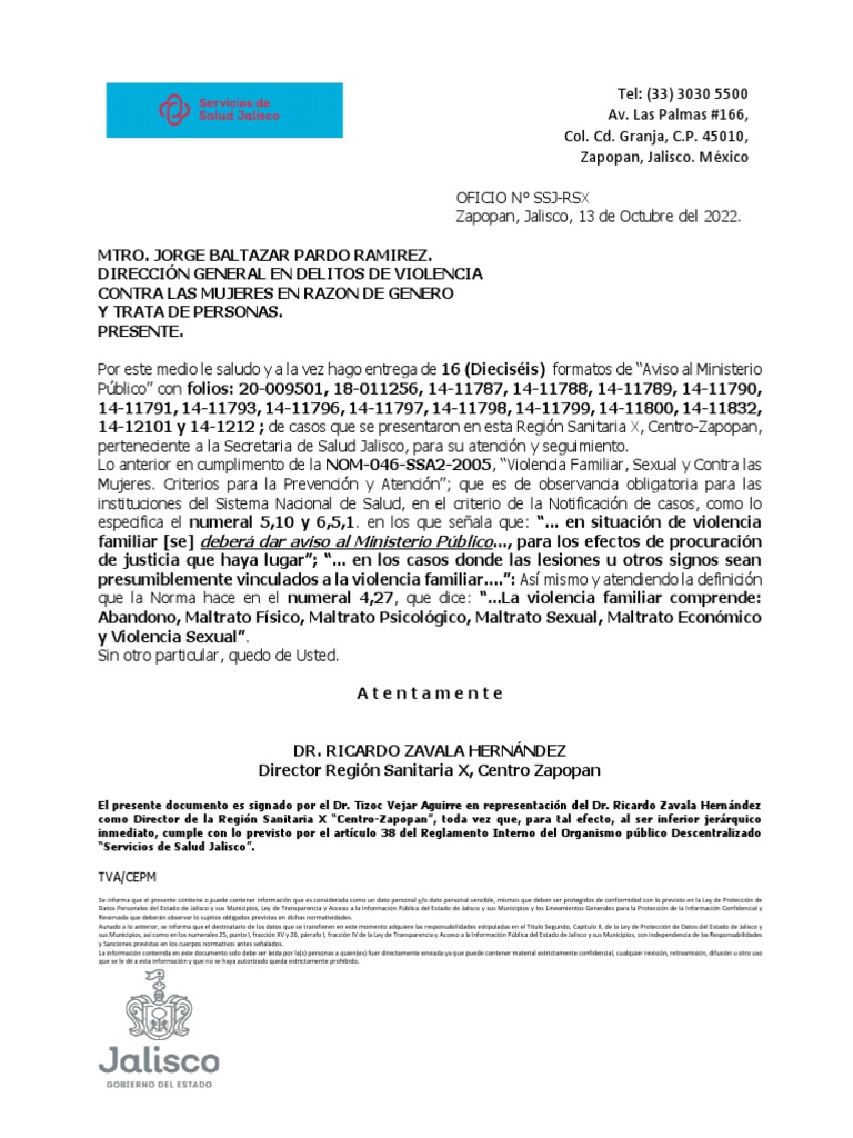 Oficio Entrega de Aviso A MP y Not CML | PDF | Violencia doméstica ...