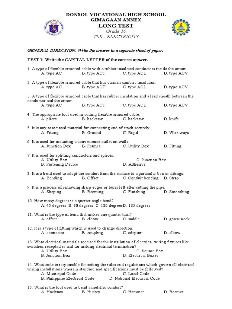 Long Test in Tle Electricity 10 | PDF | Electrical Wiring | Wire