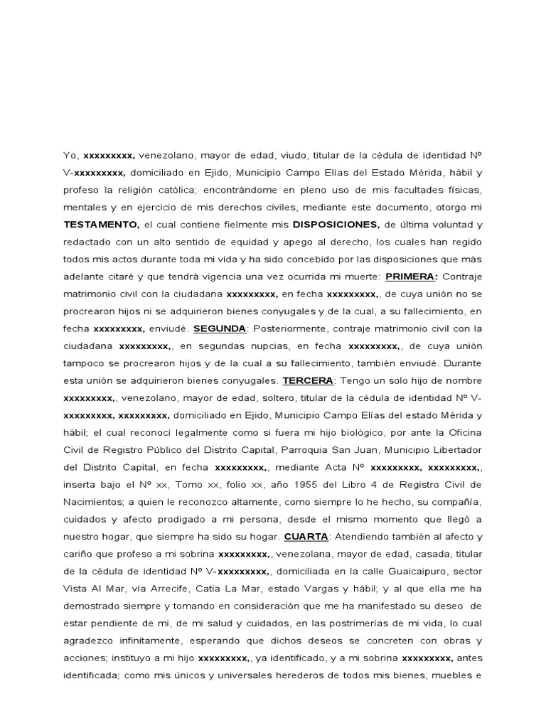 Testamento Modelo | PDF | Voluntad y testamento