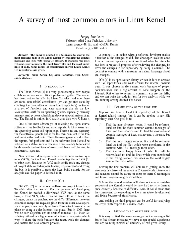 A Survey Of Most Common Errors In Linux Kernel Pdf Software Bug