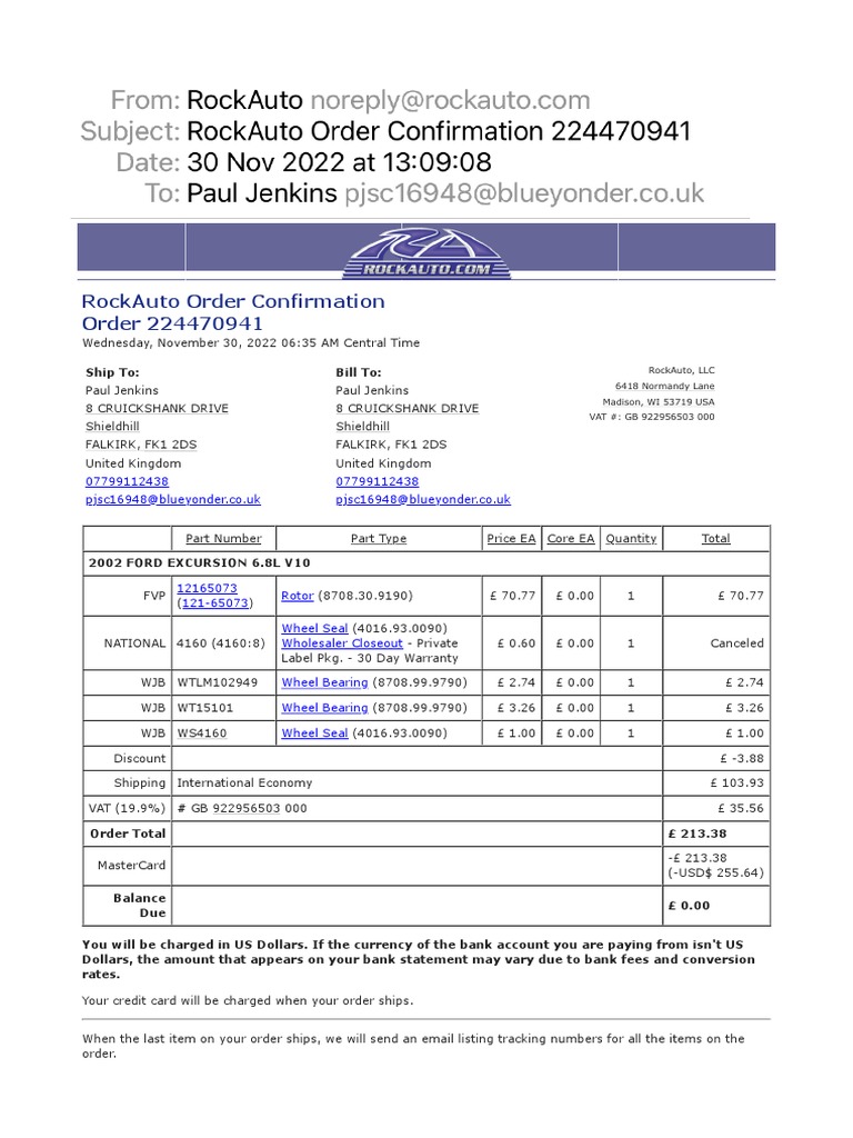RockAuto Order Confirmation 224470941 | PDF | Banks | Service Industries