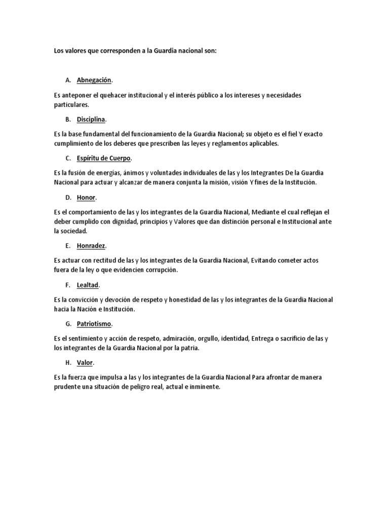 Valores de la Guardia Nacional: Abnegación, Disciplina y más | PDF